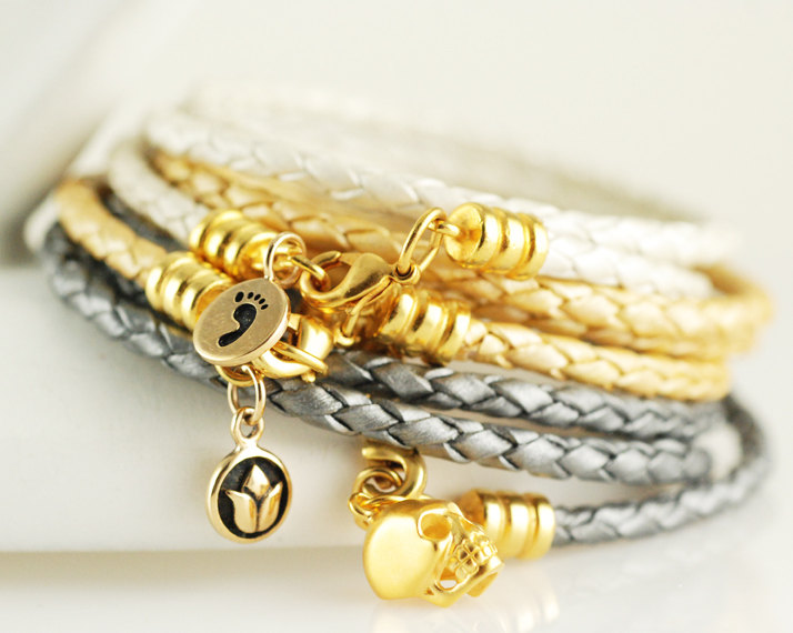 Womens Leather Bracelet, Gold Metallic Braided Leather Cord Wrap ...